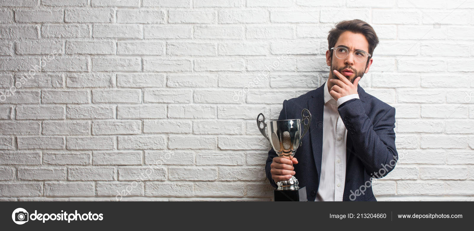 Young Business Man Wearing Suit White Bricks Wall Doubting Confused ...