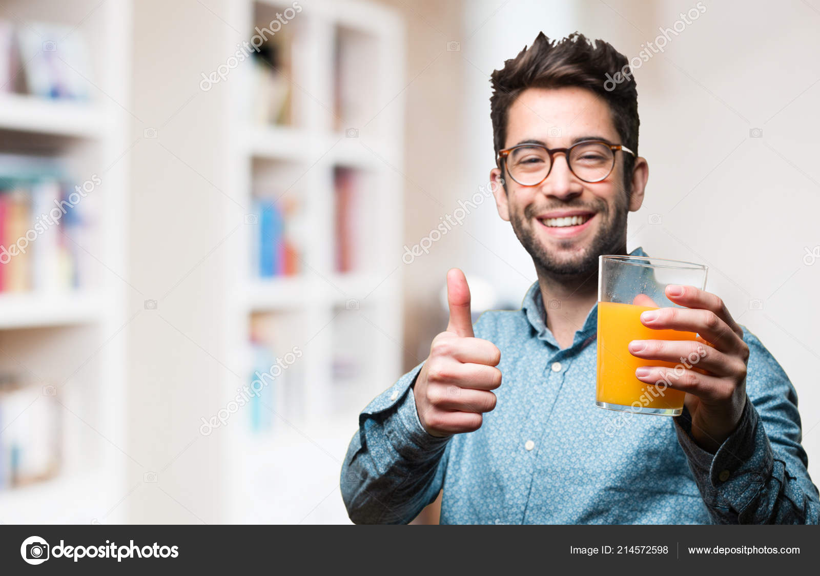 Young Man Doing Okay Gesture Holding Juice Blurred Background — Stock ...