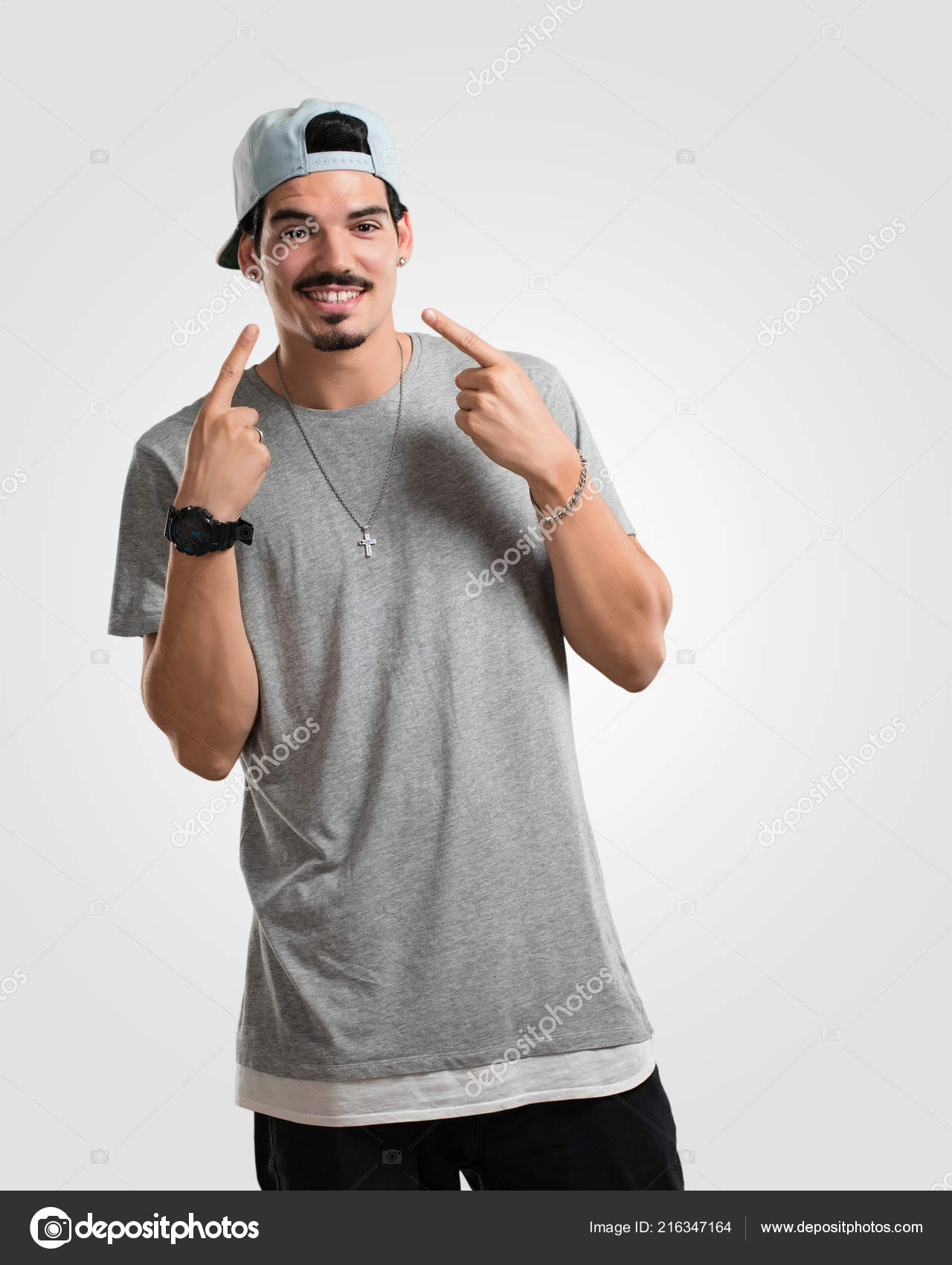 Young Rapper Man Smiles Pointing Mouth Concept Perfect Teeth White ...