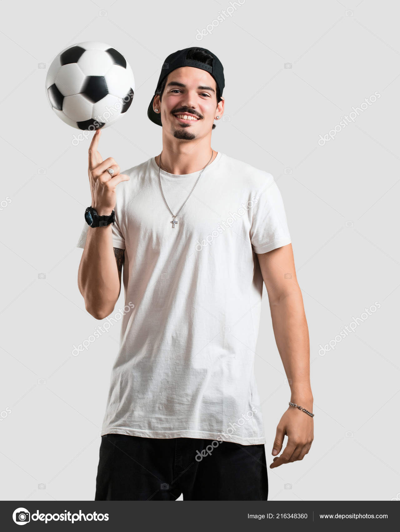 Young Rapper Man Smiling Happy Holding Soccer Ball Competitive Attitude ...