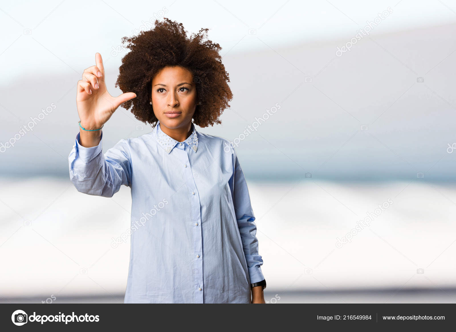 Young Black Woman Touching Screen Blurred Background Stock Photo by ...