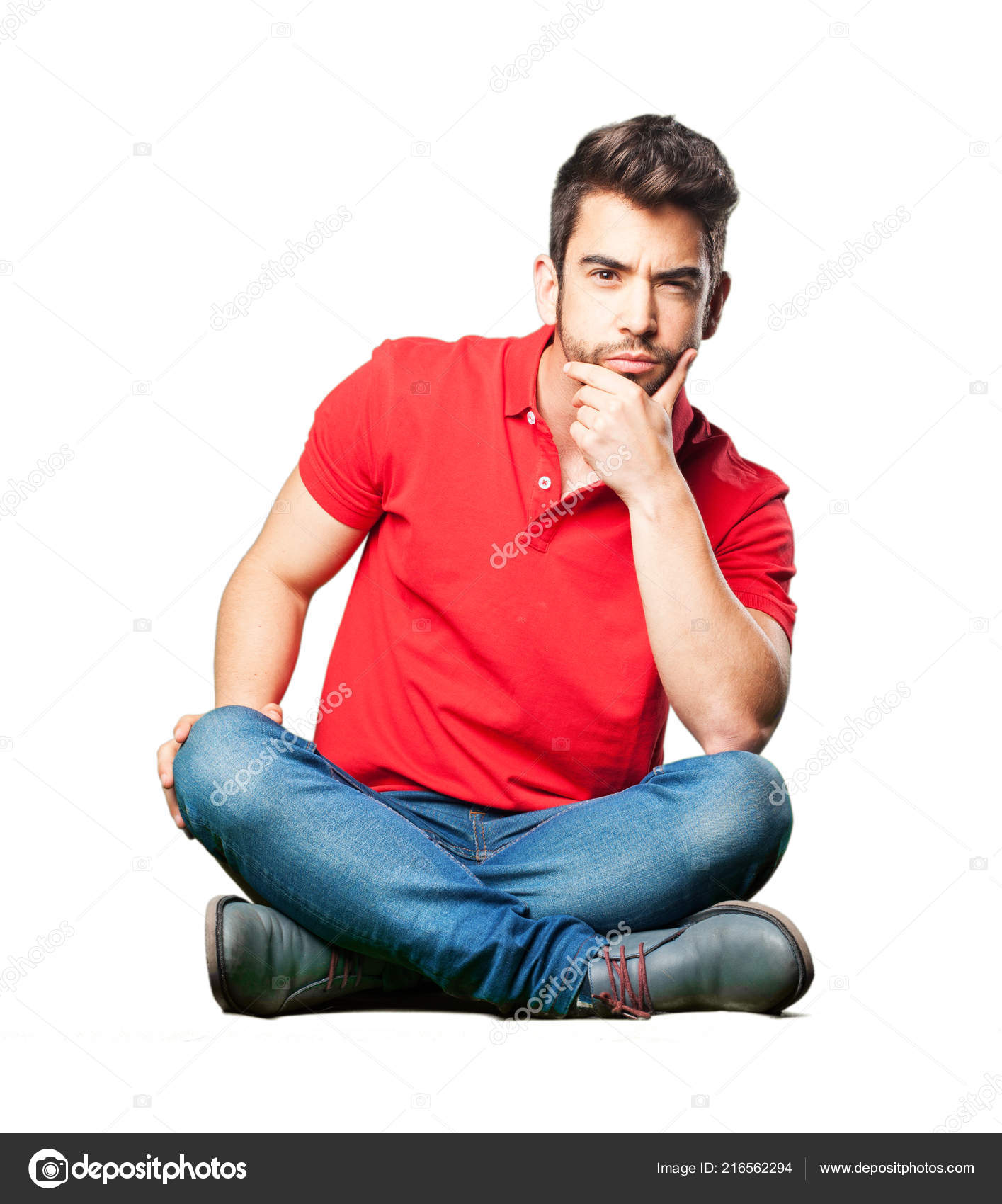 Man Sitting Thinking Isolated White Background — Stock Photo ...