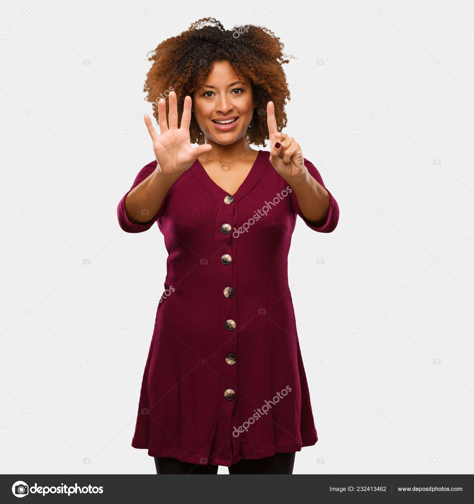 Young Black Afro Woman Showing Number Six — Stock Photo ...