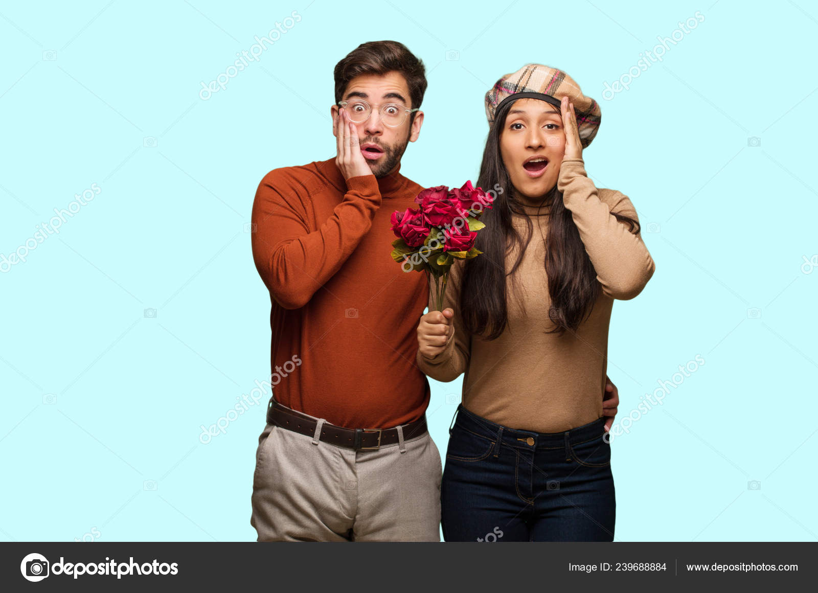 Young Couple Valentines Day Surprised Shocked — Stock Photo ...