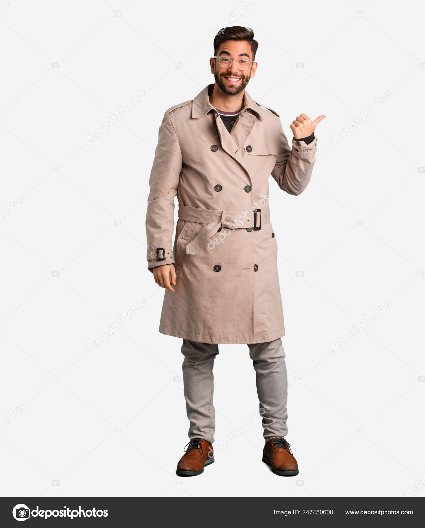 Young Man Wearing Trench Coat Pointing Side Finger — Stock Photo ...