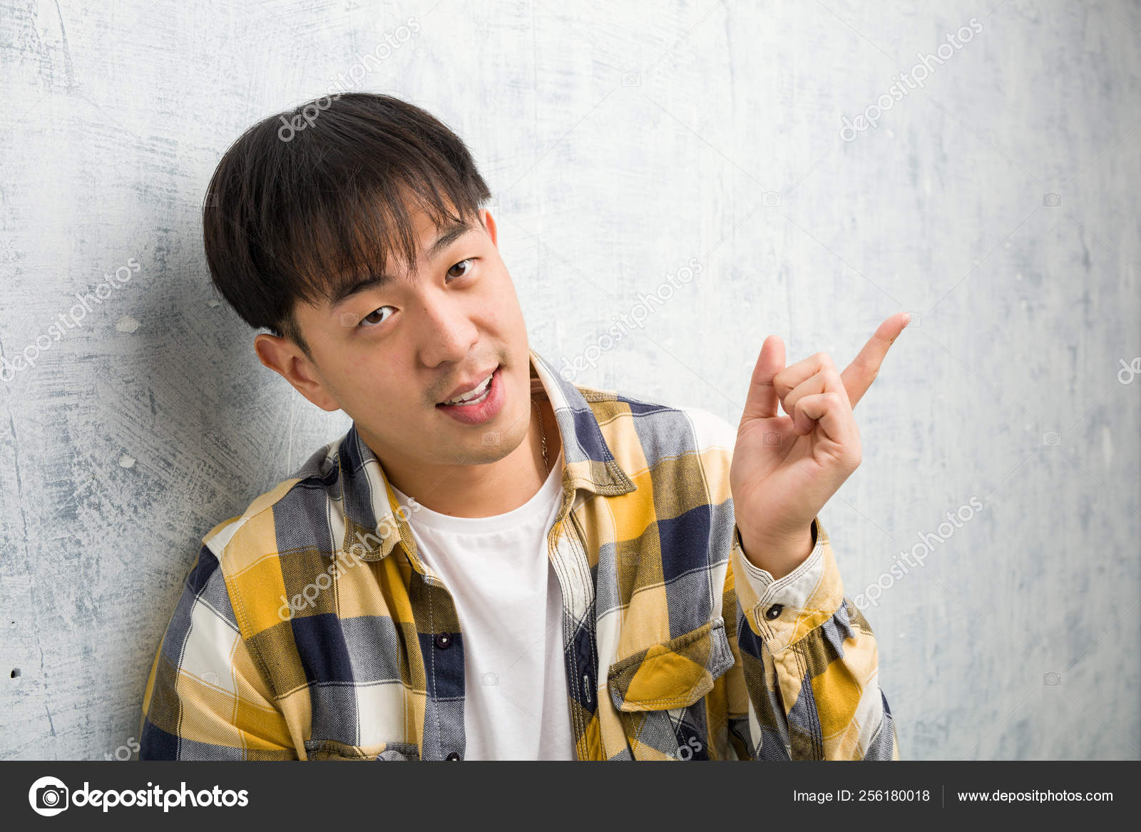 Young Chinese Man Face Closeup Pointing Side Finger — Stock Photo ...