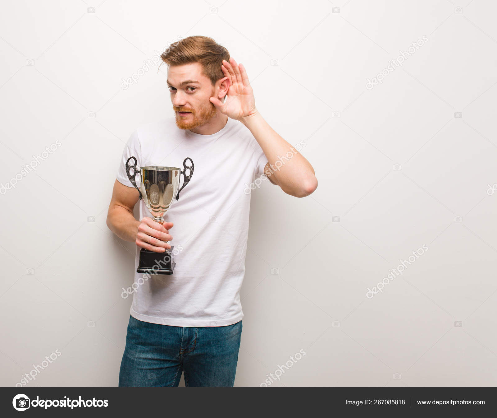 Young Redhead Man Try Listening Gossip Holding Trophy — Stock Photo ...