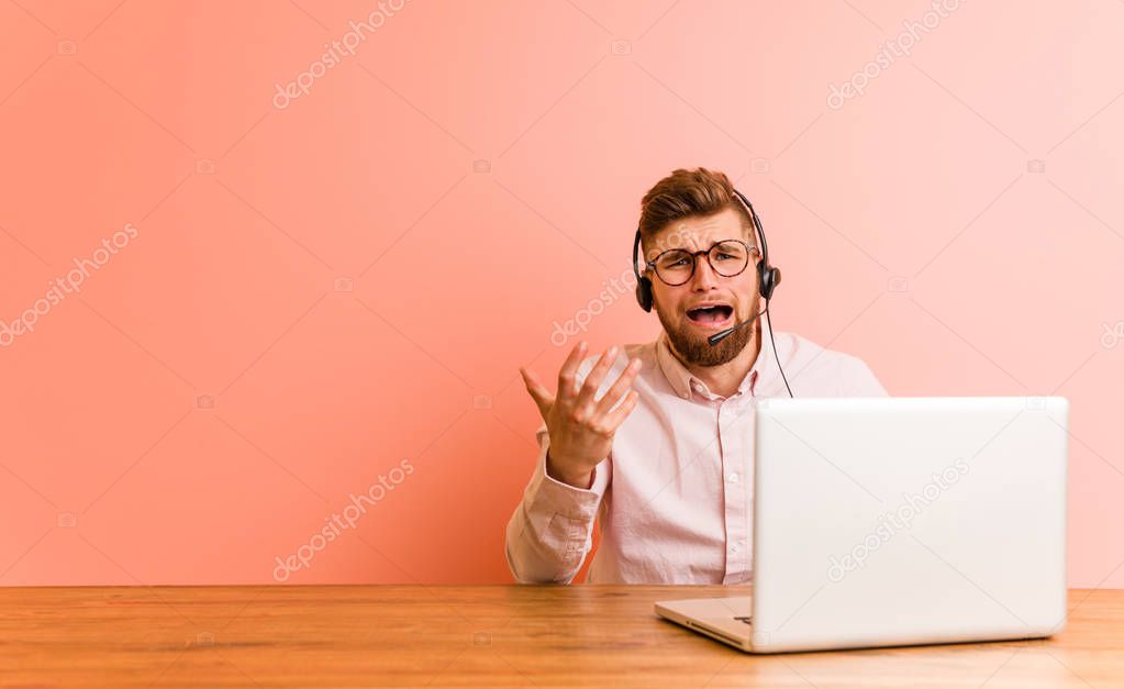 Young Man Working Call Center Screaming Rage — Stock Photo ...