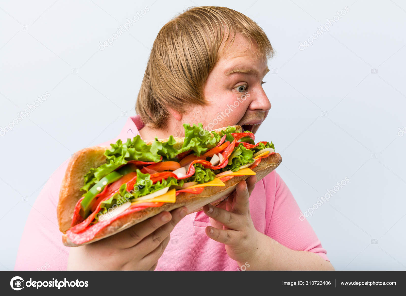 Caucasian Crazy Blond Fat Man Holding Giant Sandwich — Stock Photo ...