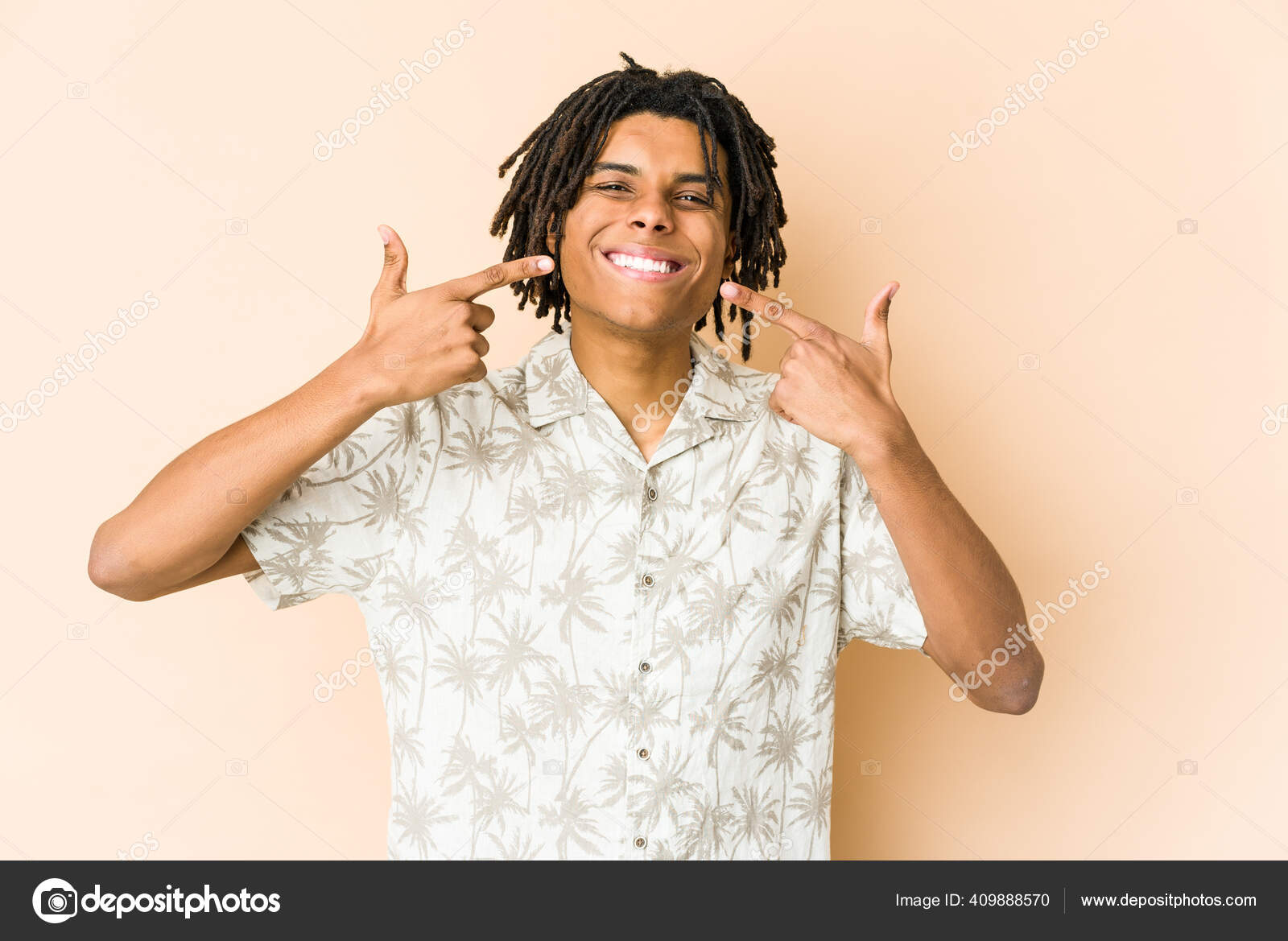 Young African American Rasta Man Smiles Pointing Fingers Mouth — Stock ...