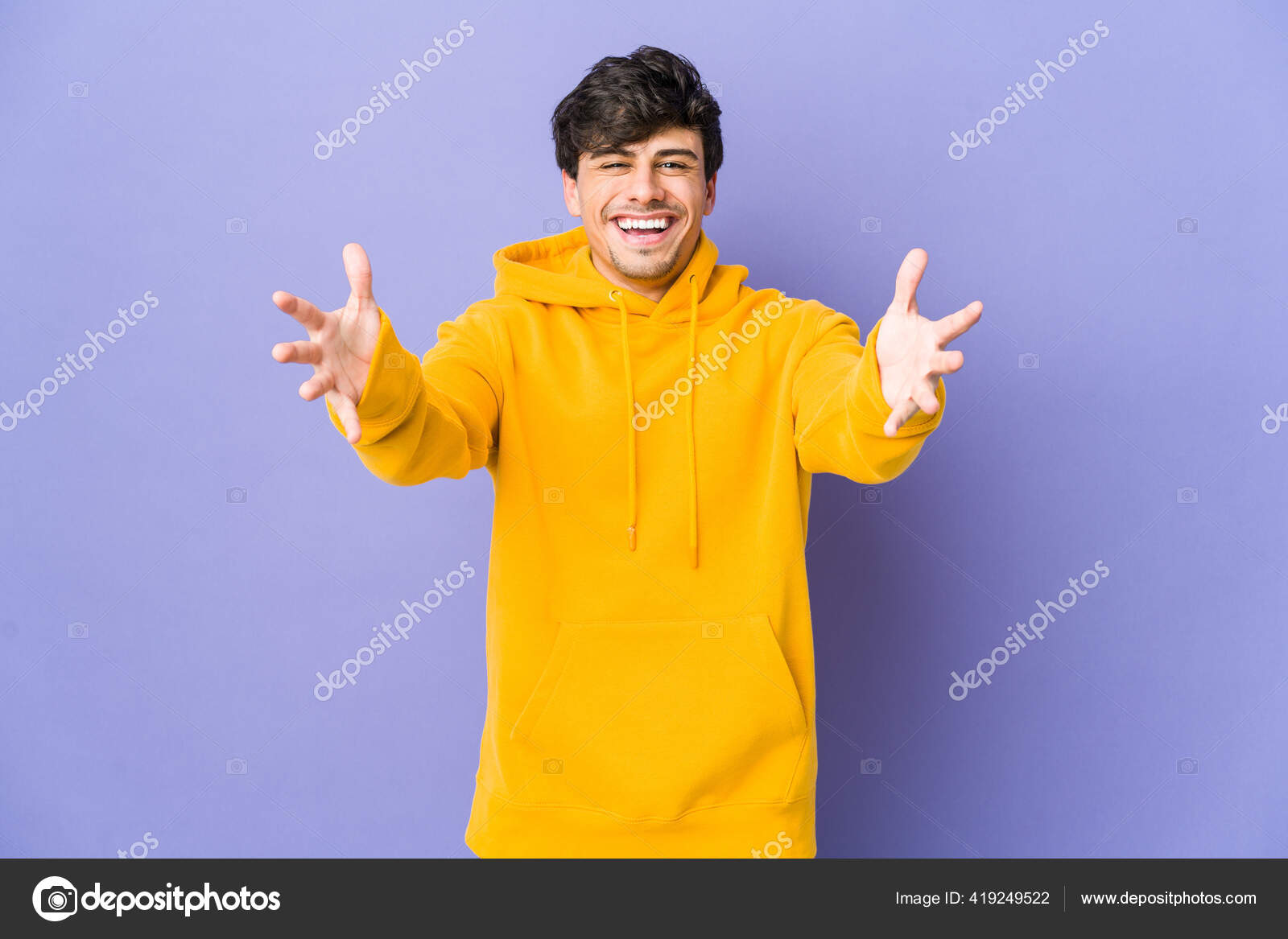 Young Cool Man Feels Confident Giving Hug Camera — Stock Photo ...