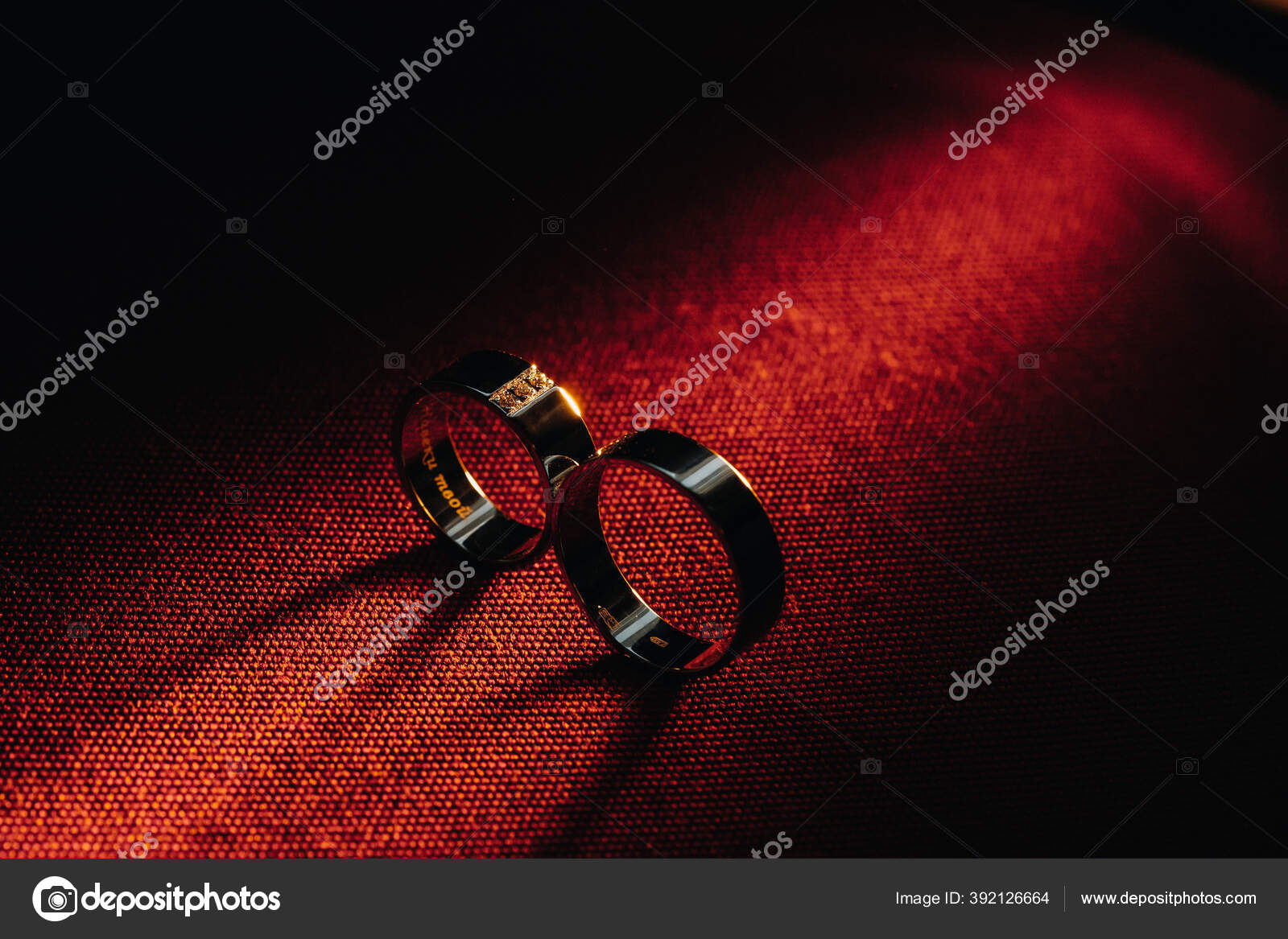 Two Wedding Rings Red Background Gold Rings Couple Love Concept — Stock ...