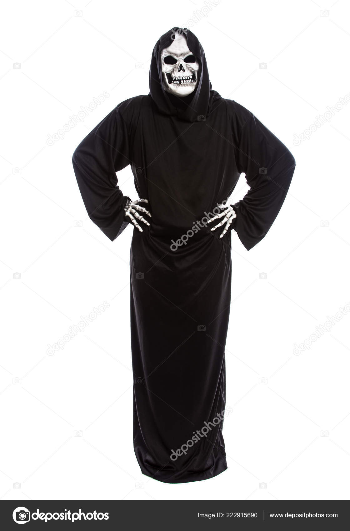 Halloween Costume Skeleton Grim Reaper Wearing Black Robe White ...