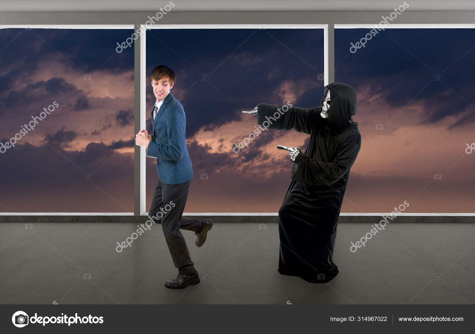 Man Halloween Grim Reaper Ghost Costume Chasing Mocking Making Fun ...
