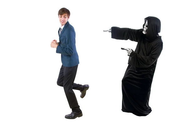 Man Halloween Grim Reaper Ghost Costume Chasing Mocking Making Fun ...