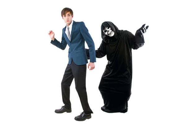 Man Halloween Grim Reaper Ghost Costume Chasing Mocking Making Fun ...