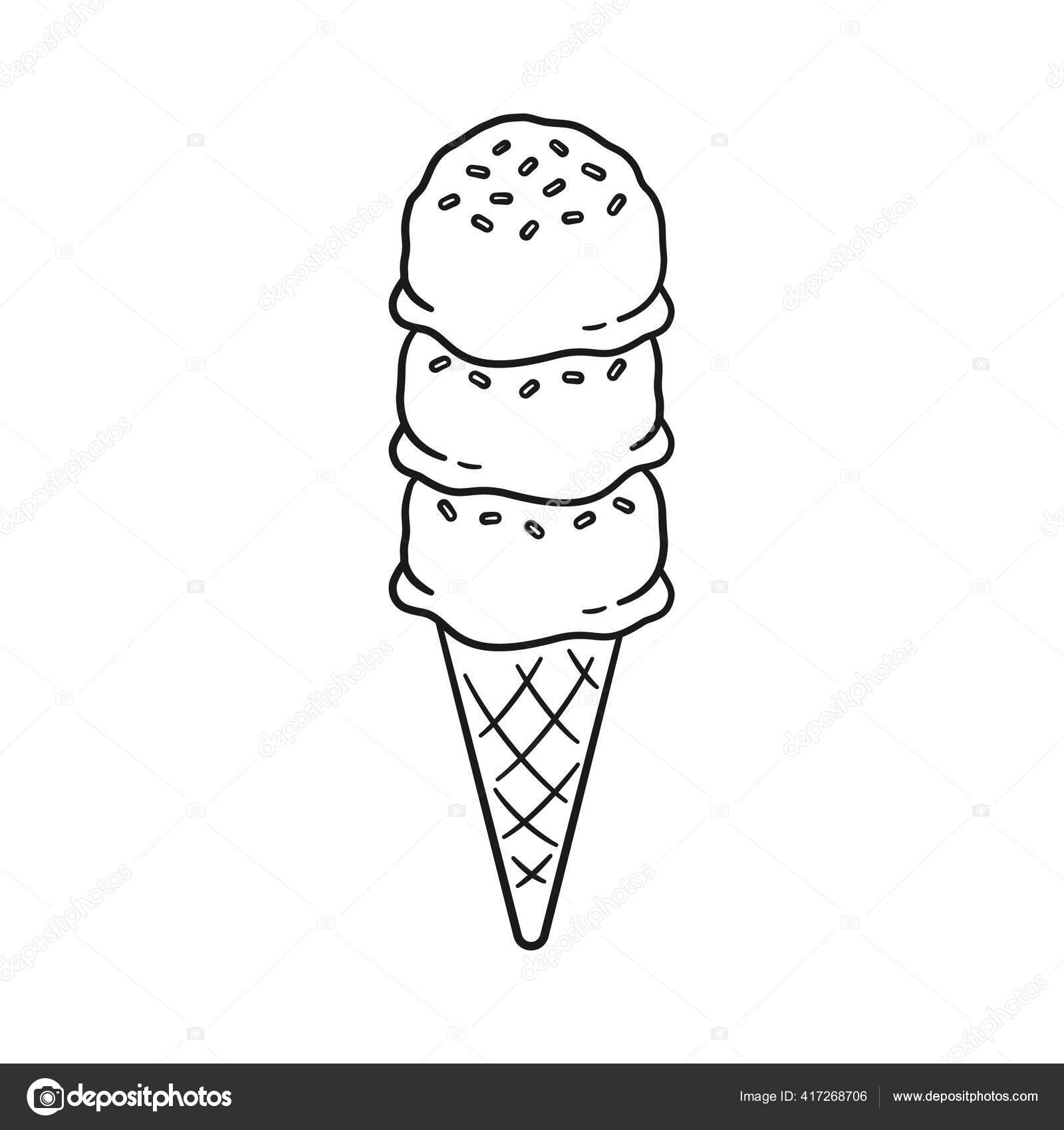 Triple Scoop Ice Cream Sprinkles Sugar Cone Line Art Outline Stock