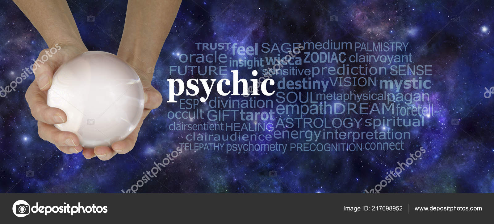 Psychic Powers Word Cloud Female Hands Holding Large Crystal Ball Stock ...