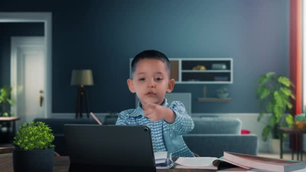 Boy Textbooks Doing School Homework Online Talks Teacher Using Digital ...