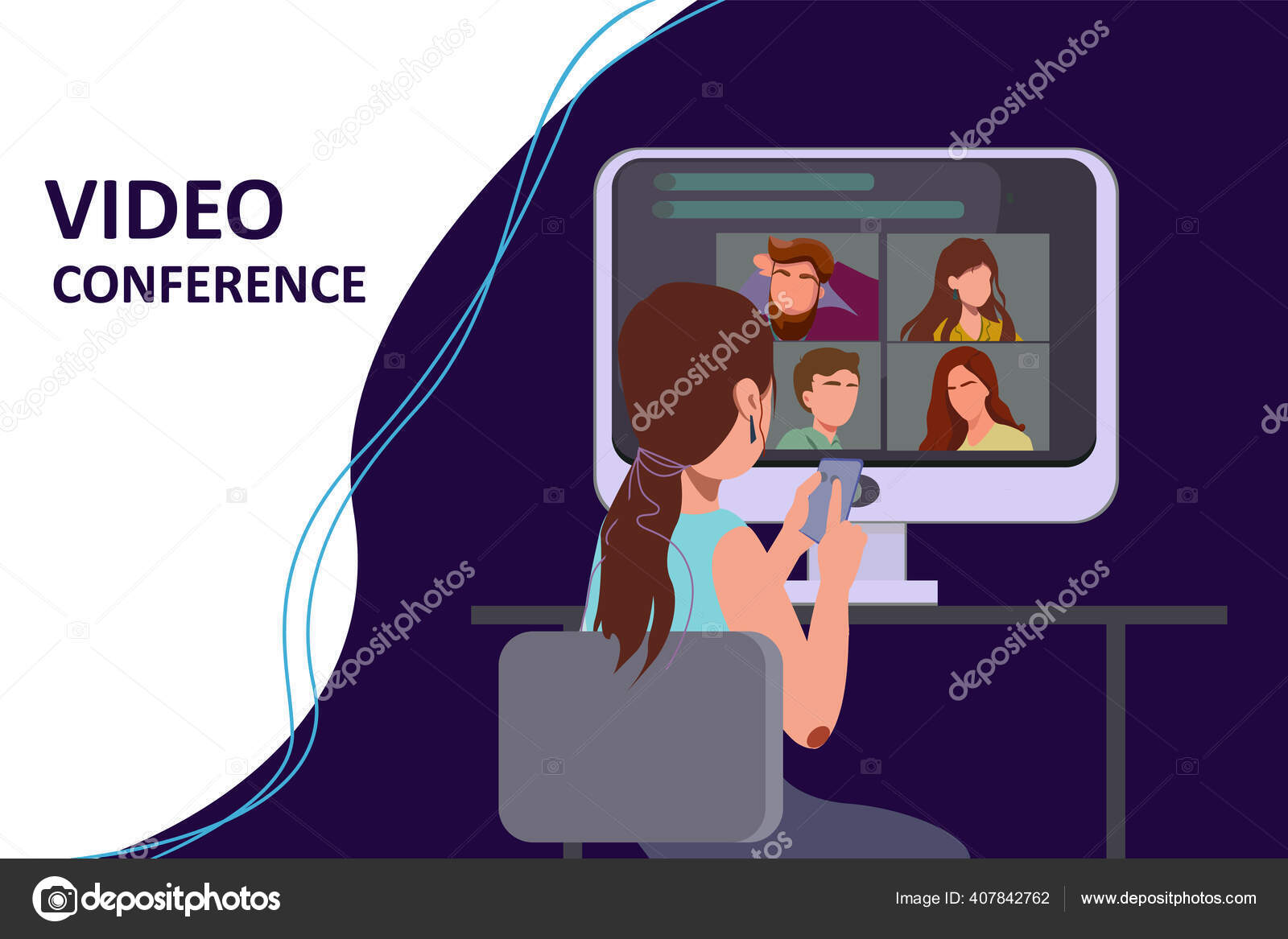 Worker Using Computer Collective Virtual Meeting Group Video Conference ...