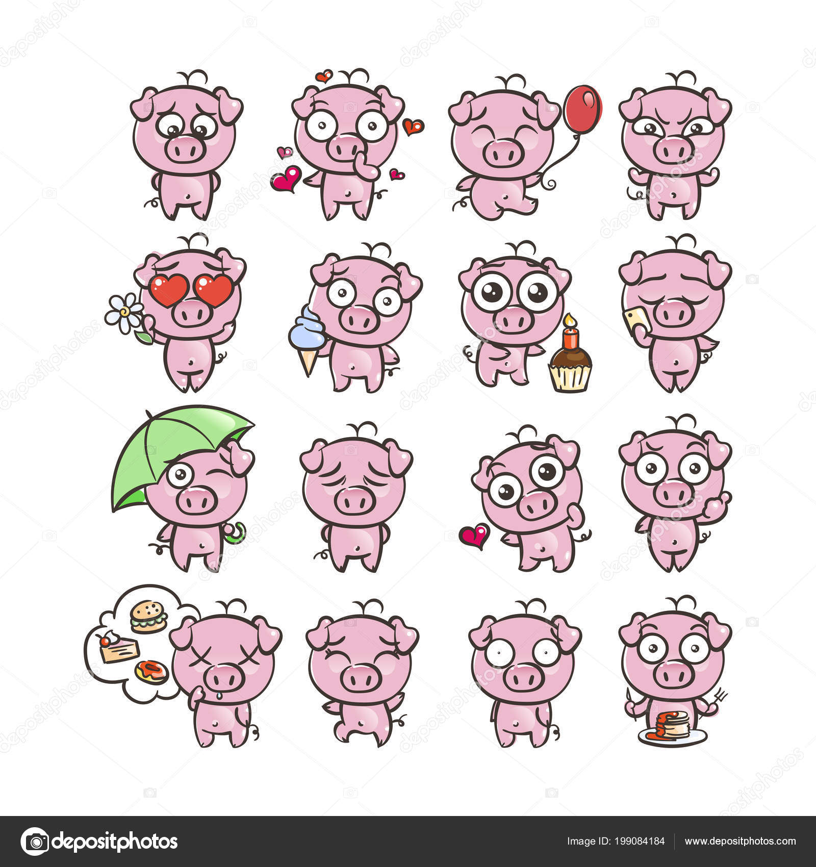 Collection of cutest pig character icon set with different emotions ...