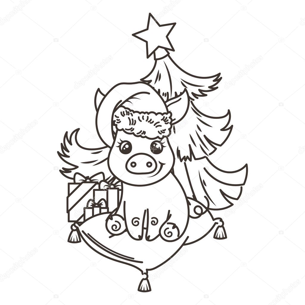 Çizgi film bebek domuz ile mutlu 2019 yılbaşı kartı. Tatil küçük simge ...