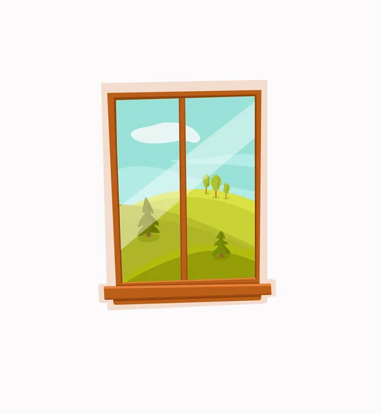 Window cartoon colorful vector illustration with valley summer sun ...