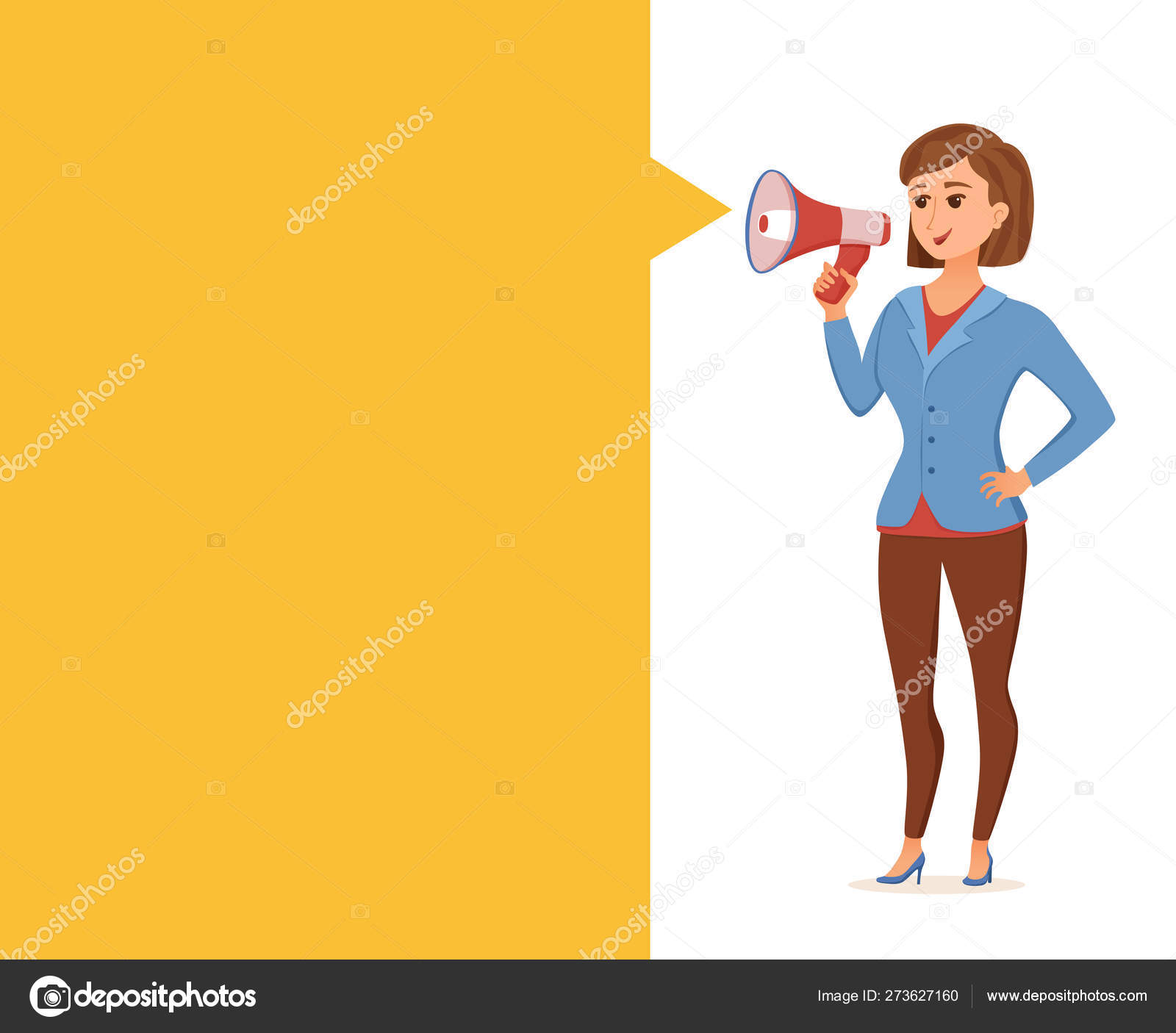 Frau hält Lautsprecher in der Hand und ruft nach Aufmerksamkeit Stock ...