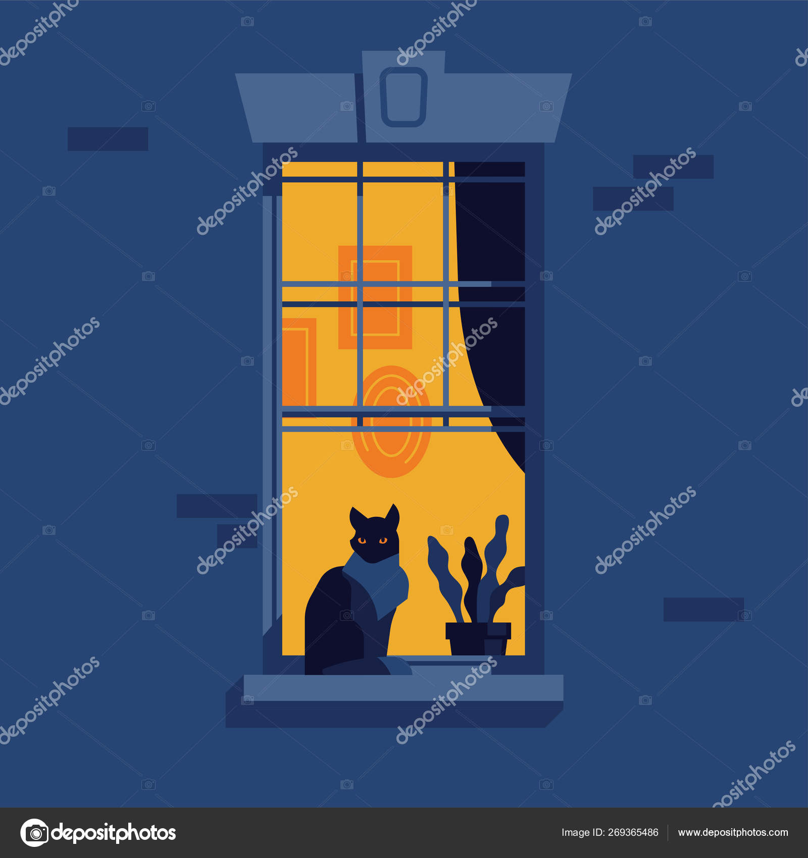 Night Time Concept Illustration Lit Urban City Apartment Window ...