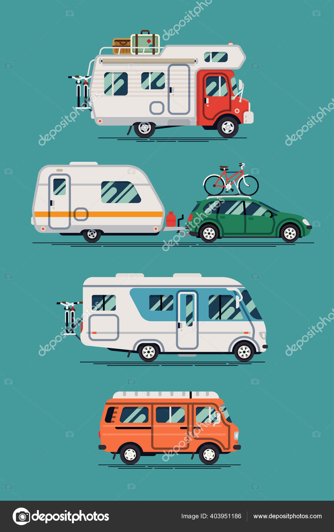Quality Set Vacation Leisure Vehicles Road Trip Vector Camping Cars ...