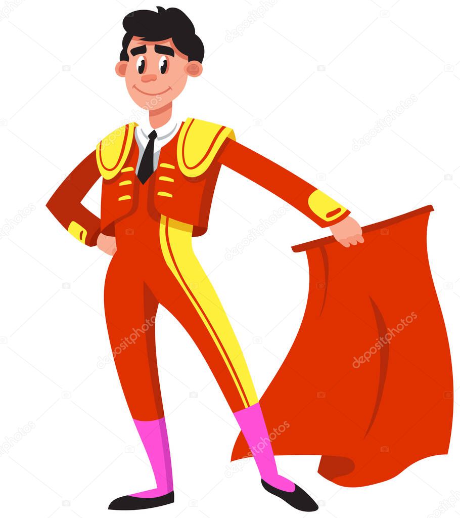 Torero sosteniendo tela roja. Personaje masculino en estilo de dibujos ...