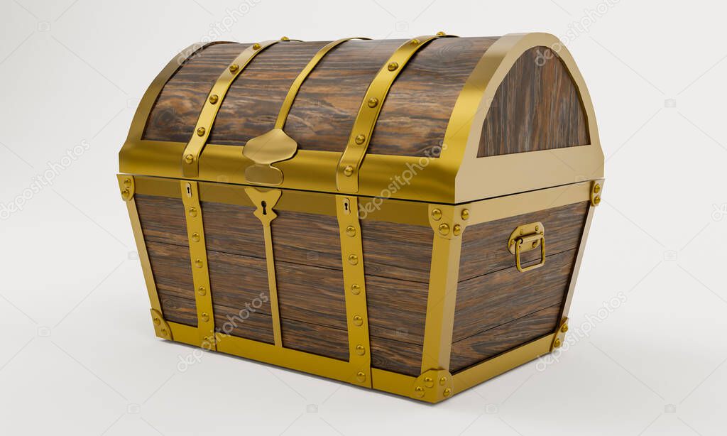 Antiguo cofre del tesoro está hecho de madera de oro y placas de metal ...