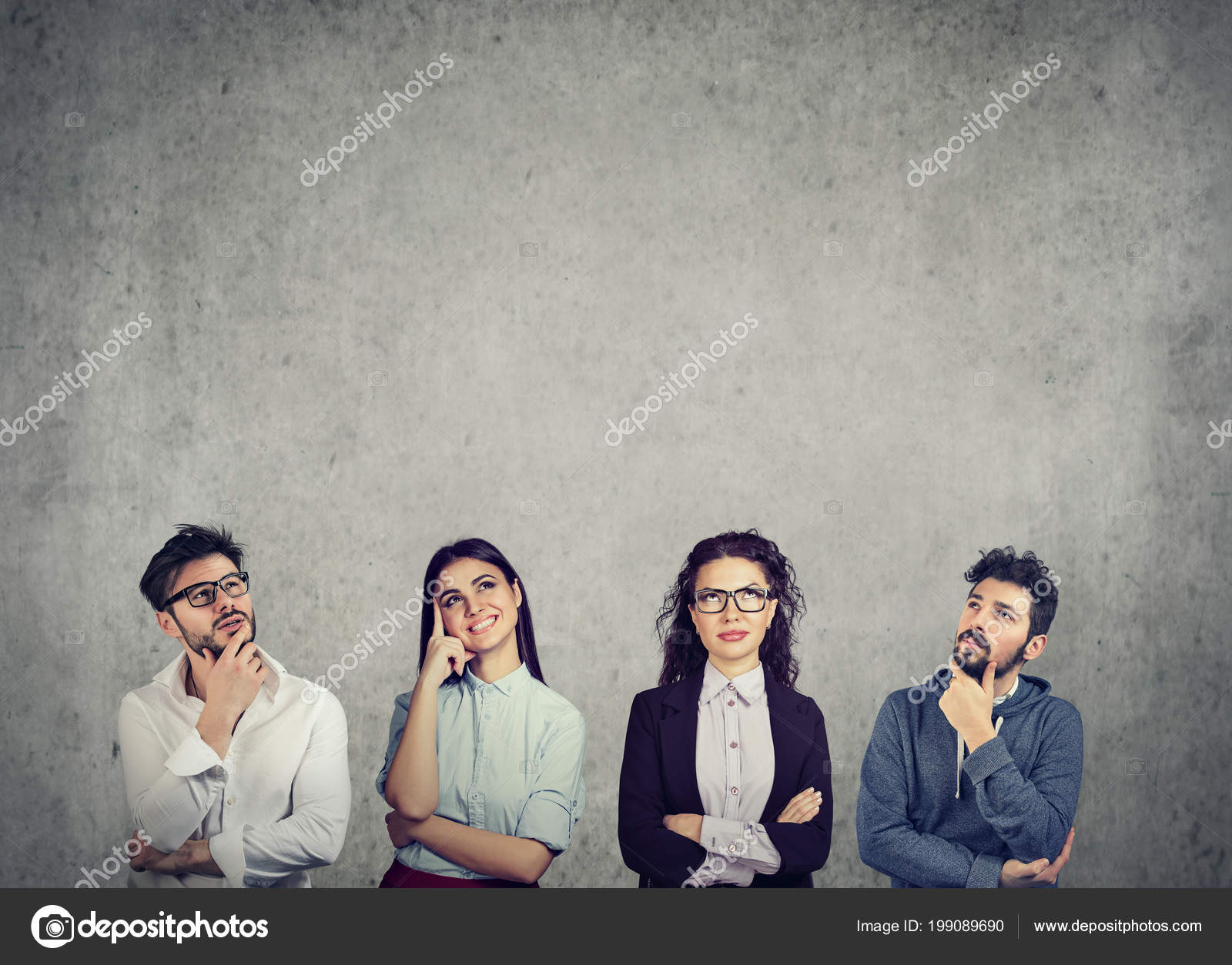 Portrait Two Men Two Women Thinking Hard Looking While Standing Stock ...