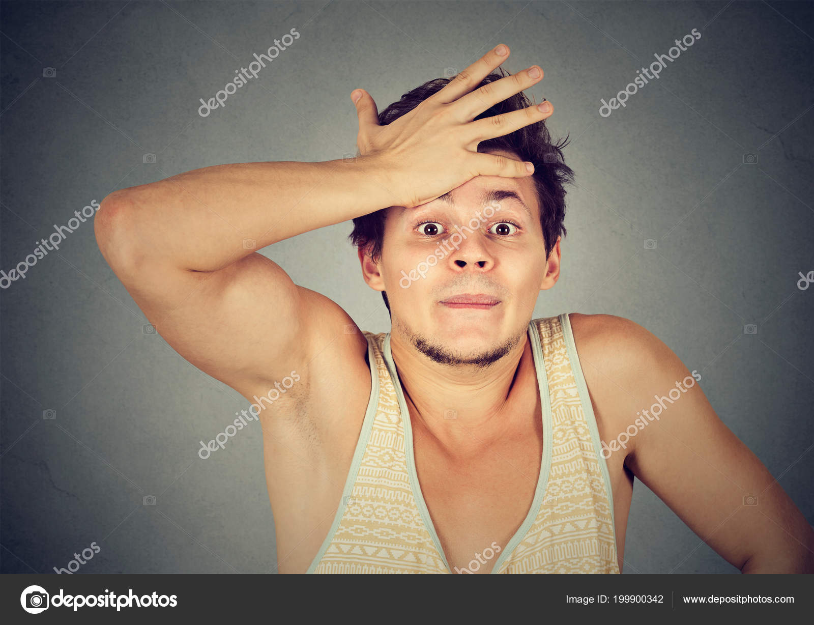 Young Man Smashing Head Forehead Looking Foolish Made Mistake Gray ...