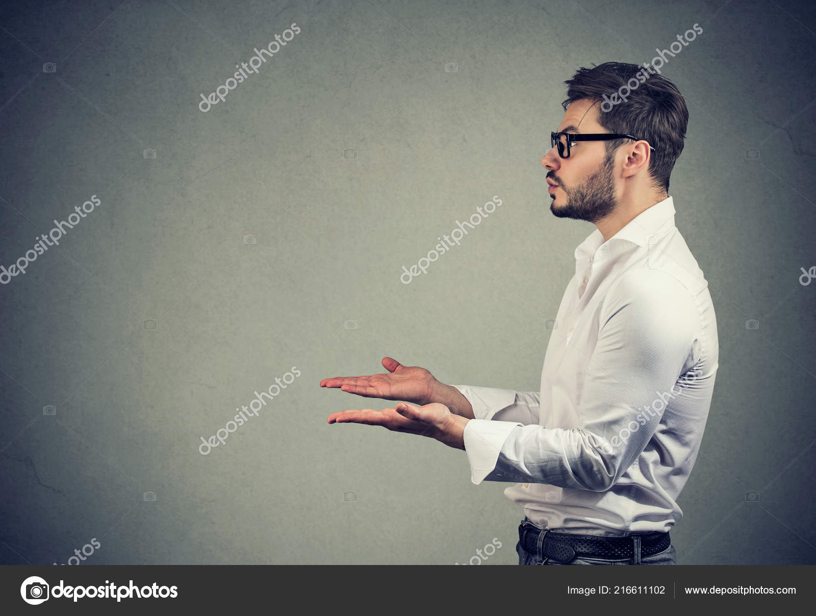 Side View Man Hands Extended Looking Away While Asking Help Stock Photo ...