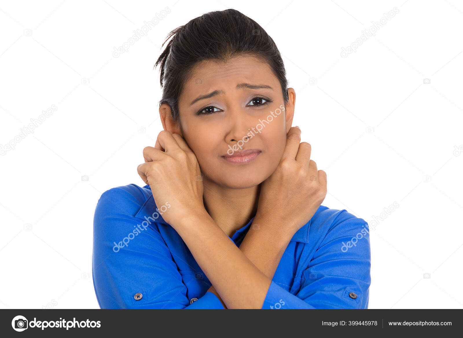 Closeup Portrait Young Woman Pulling Gripping Ears Sorry What She Stock ...