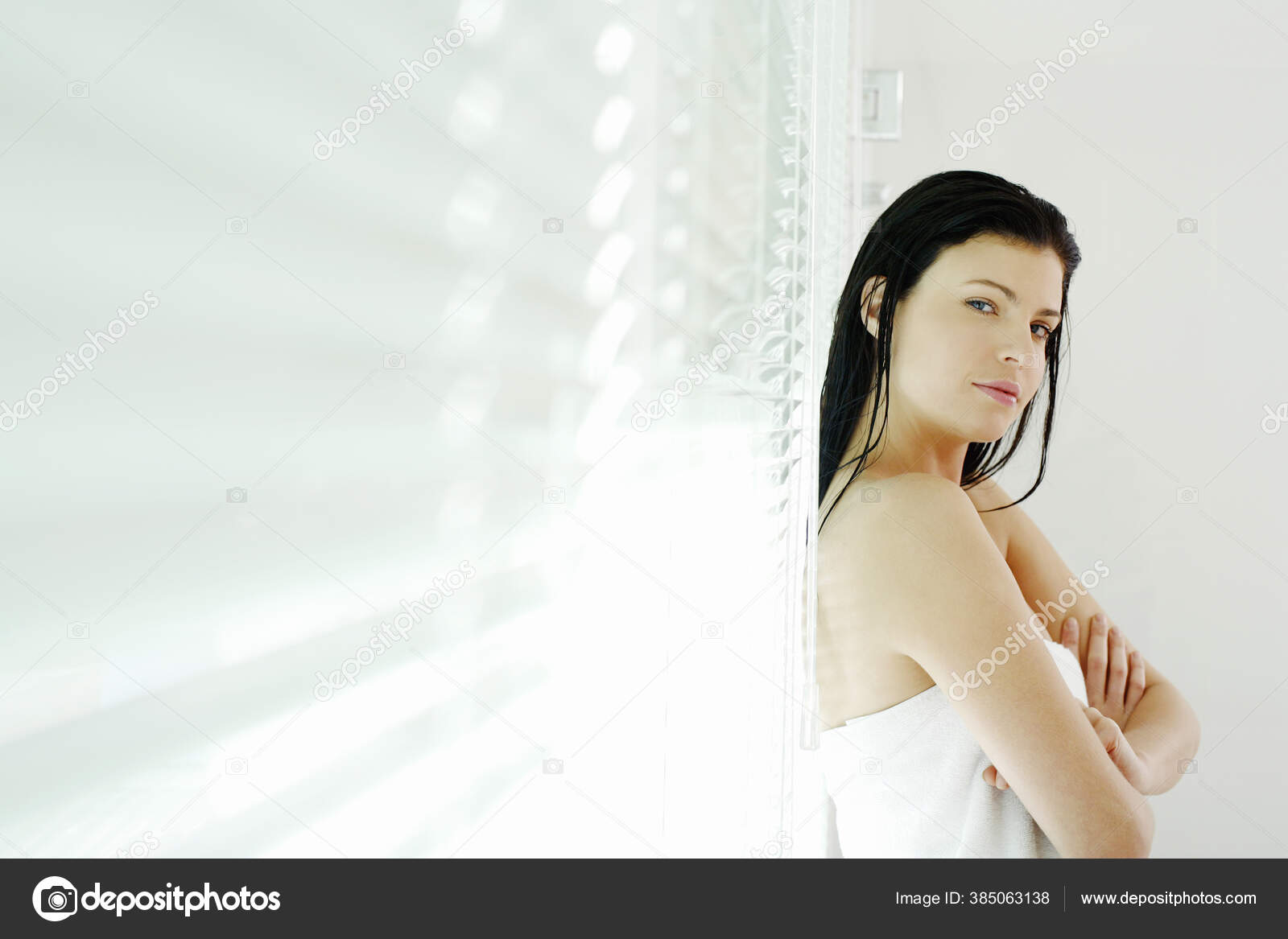Woman Folding Her Arms While Leaning Window Blinds — Stock Photo ...