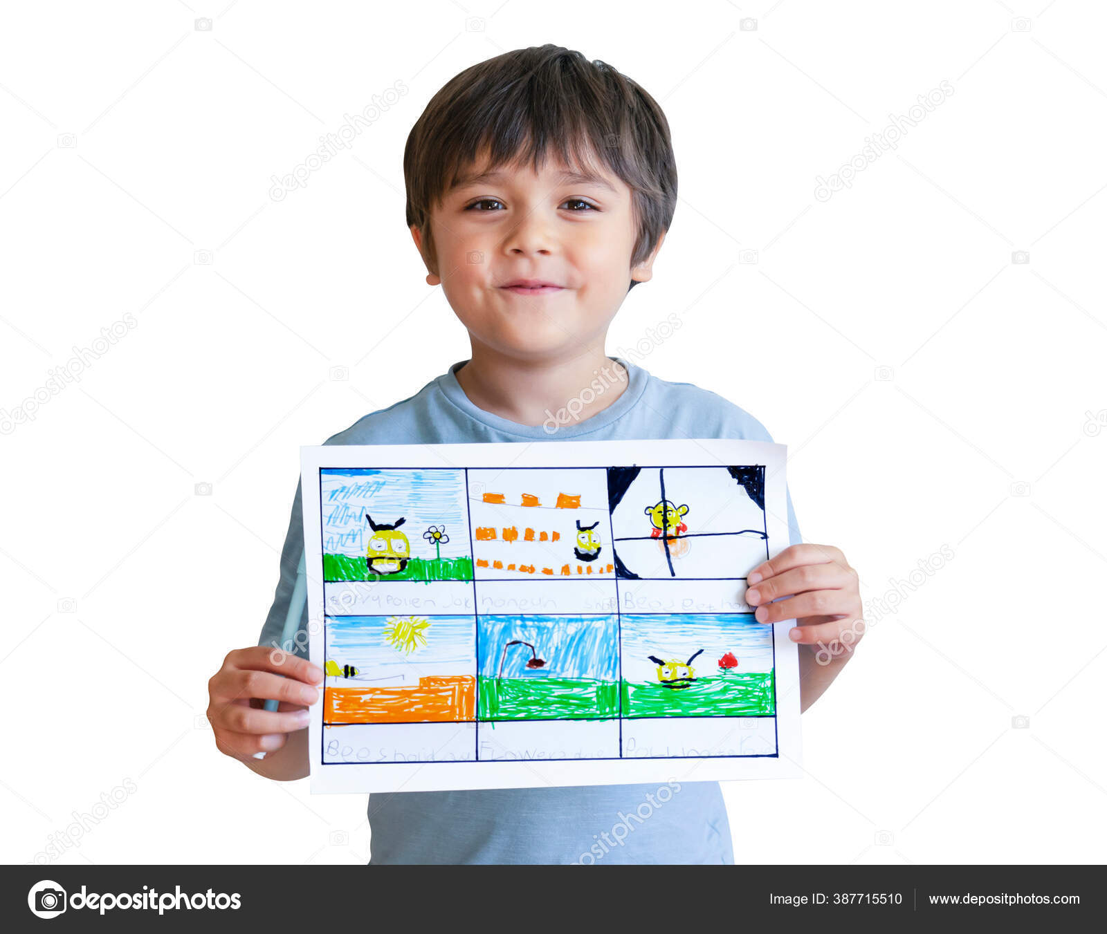 Preschool Boy Showing His Drawing Paper Active Years Kid Proud — Stock ...