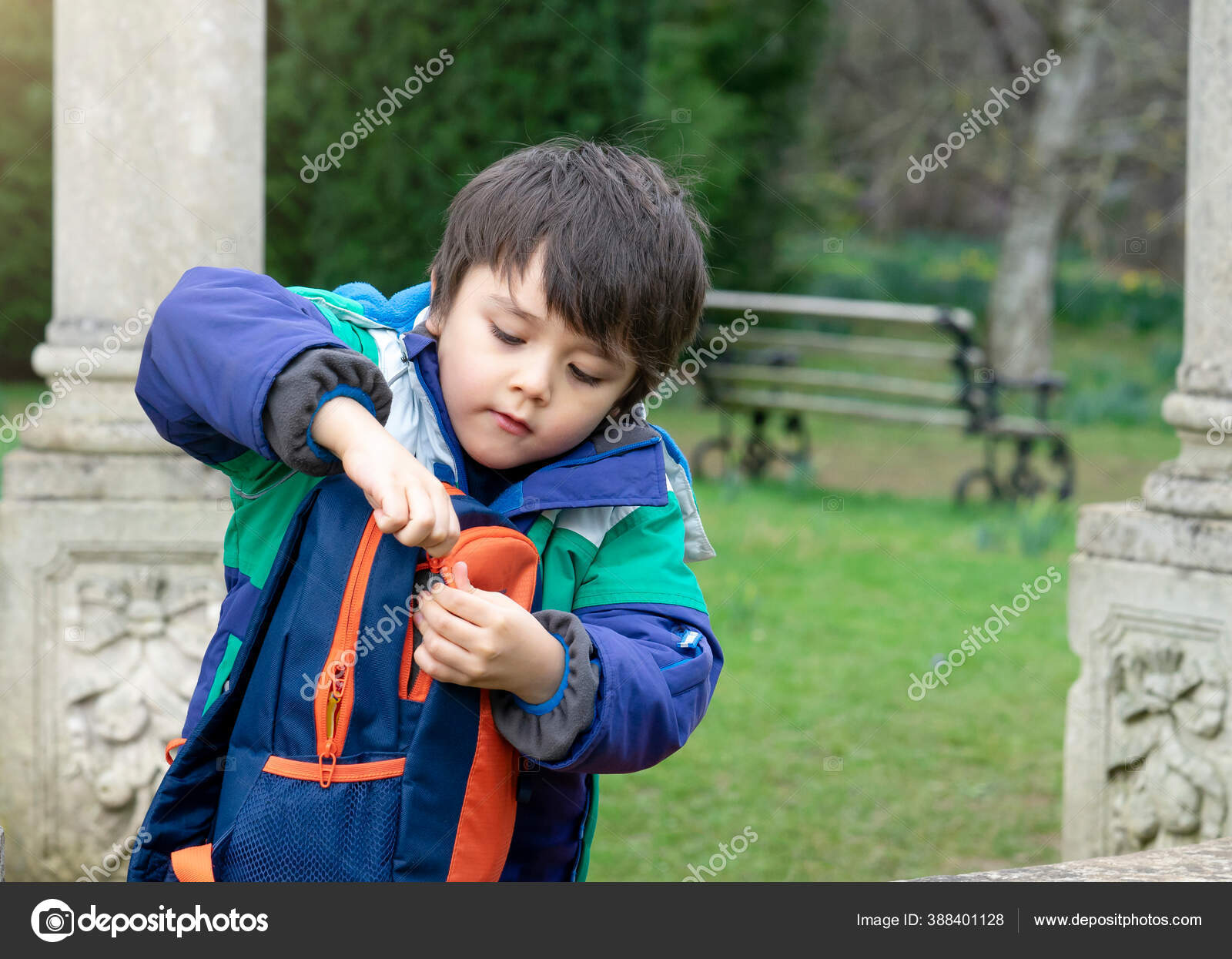 Child Boy Puting Things Backpack Schoo Kid Exploring School Trip Stock ...