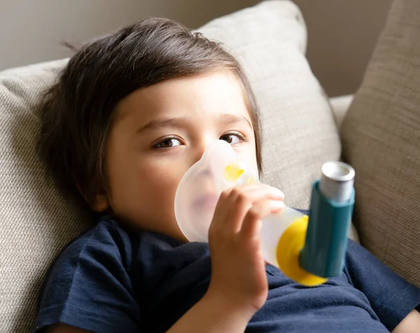 Poor Boy Tired Chest Coughing Holding Inhaler Mask Child Closing Stock ...