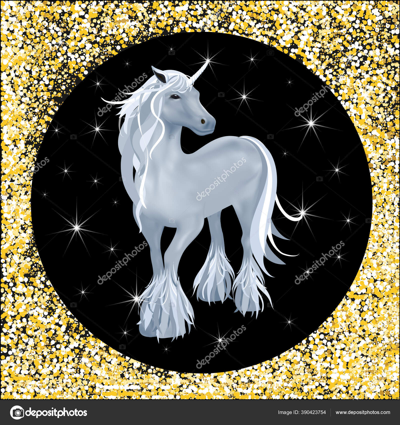 Cute Illustration Grey Unicorn Star Golden Glitter Background Little ...