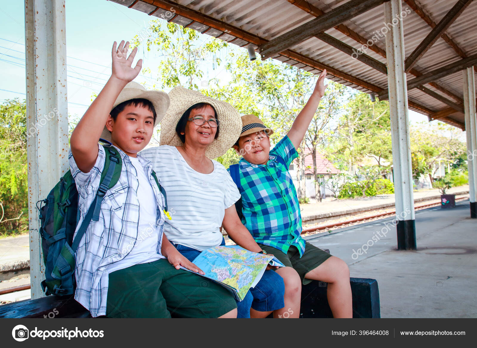 Grandma Nephew Sitting Wait Train Station Order Travel Stock Photo by ...