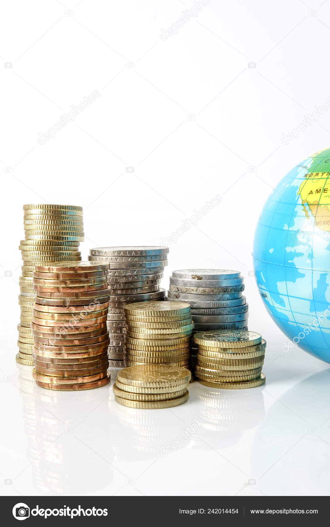 Global Economy Concept Sphere Globe Stacked Coins White — Stock Photo ...