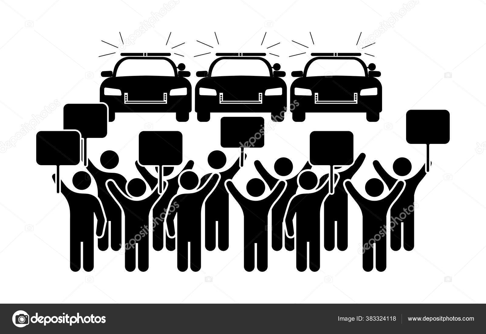 Protesters Signs Protesting Front Police Cop Cars Black Illustration ...