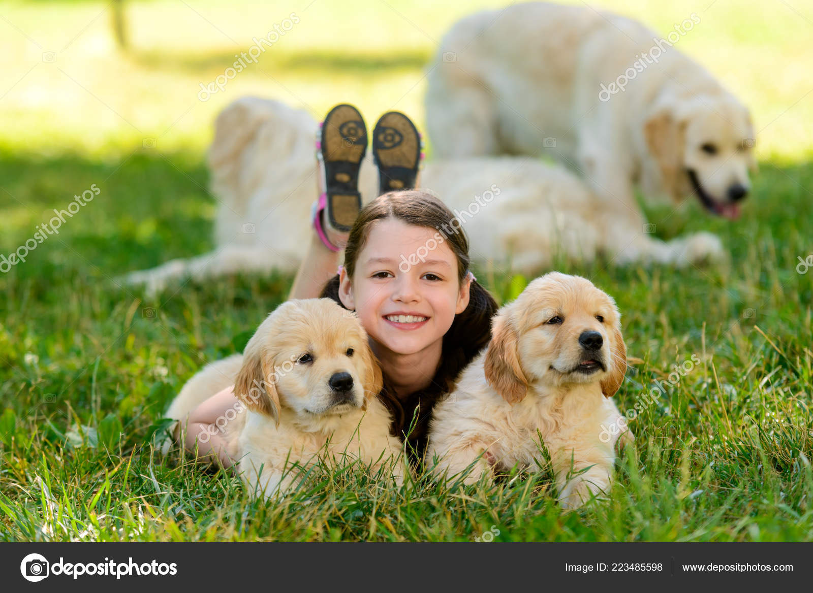 Child is cuddling with pups — Stock Photo © YGphoto #223485598