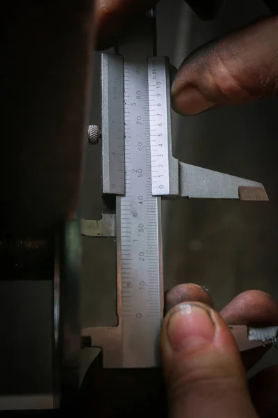 Worker Professionally Measuring Shaped Material Lathe Stock Photo by ...