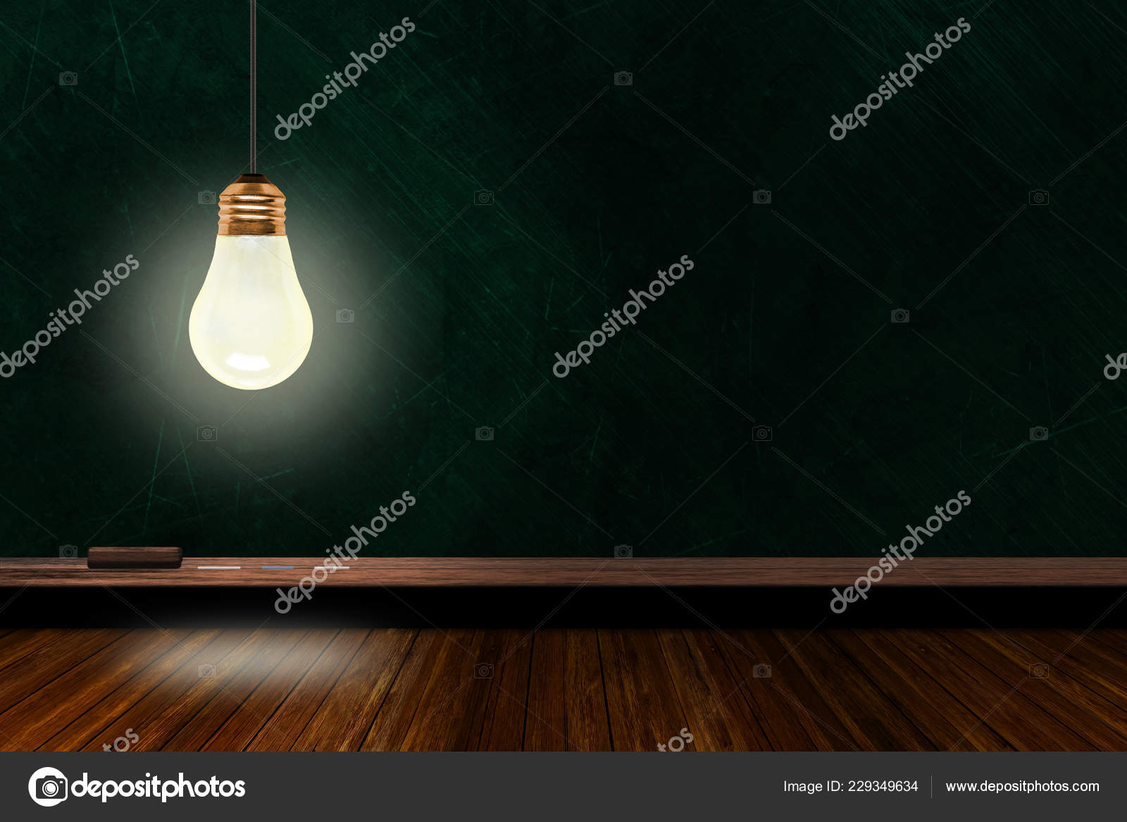 Hanging Illuminated Light Bulb Classroom Background Chalk Board Wooden ...