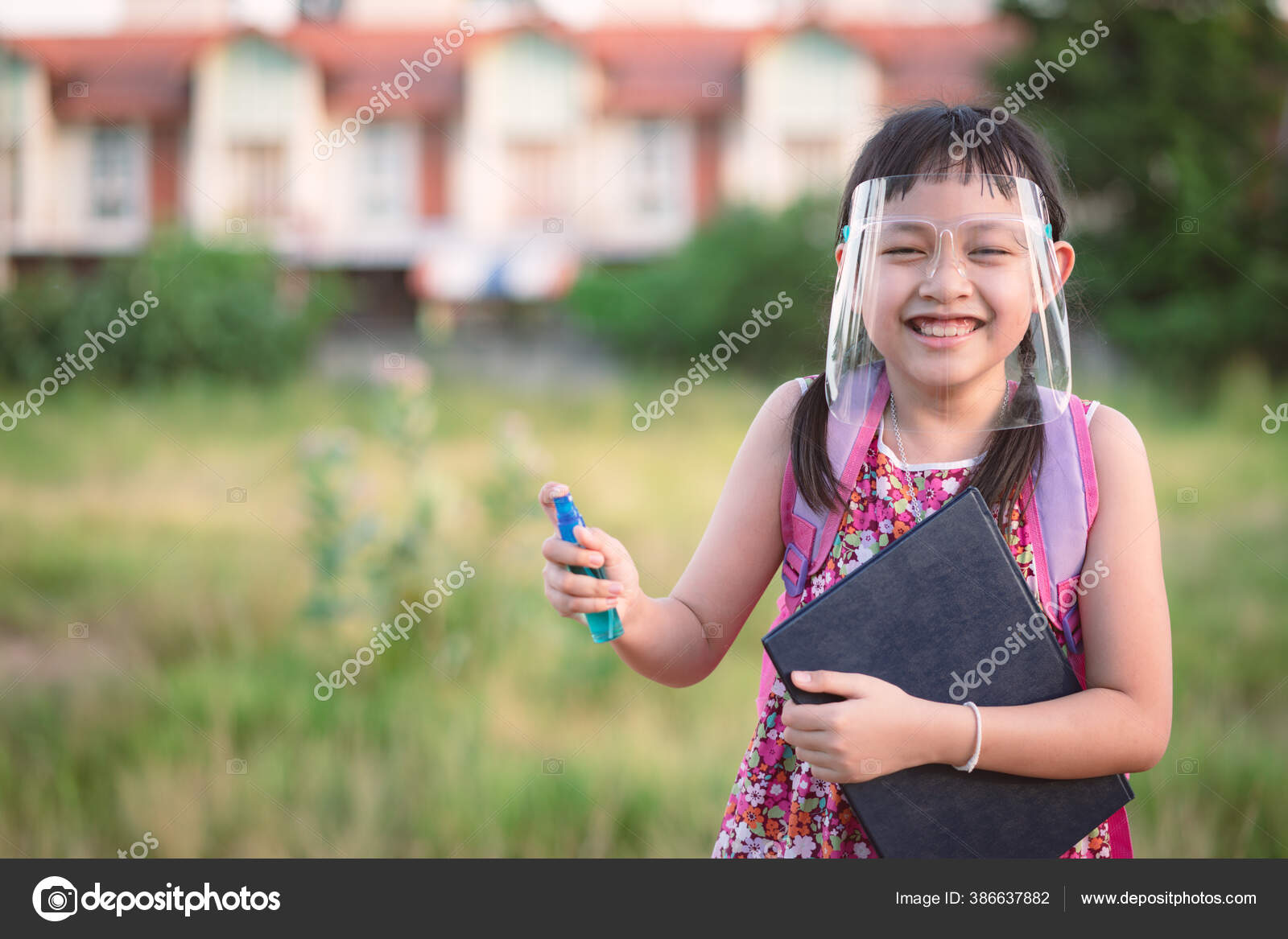 Smile Little Girl Student Wearing Face Shield She Going Back Stock ...