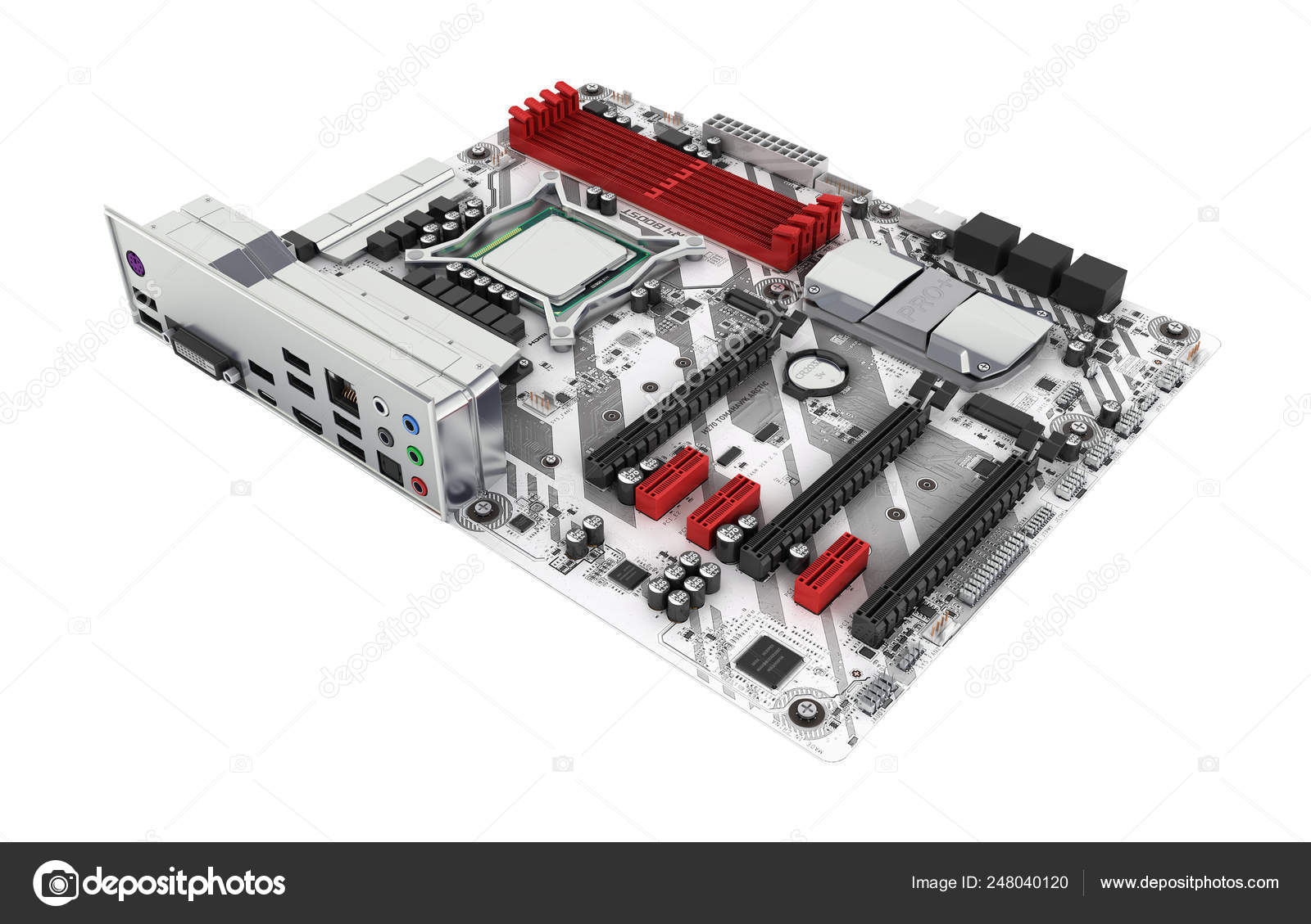 Motherboard with realistic chips and slots isolated on white bac ...