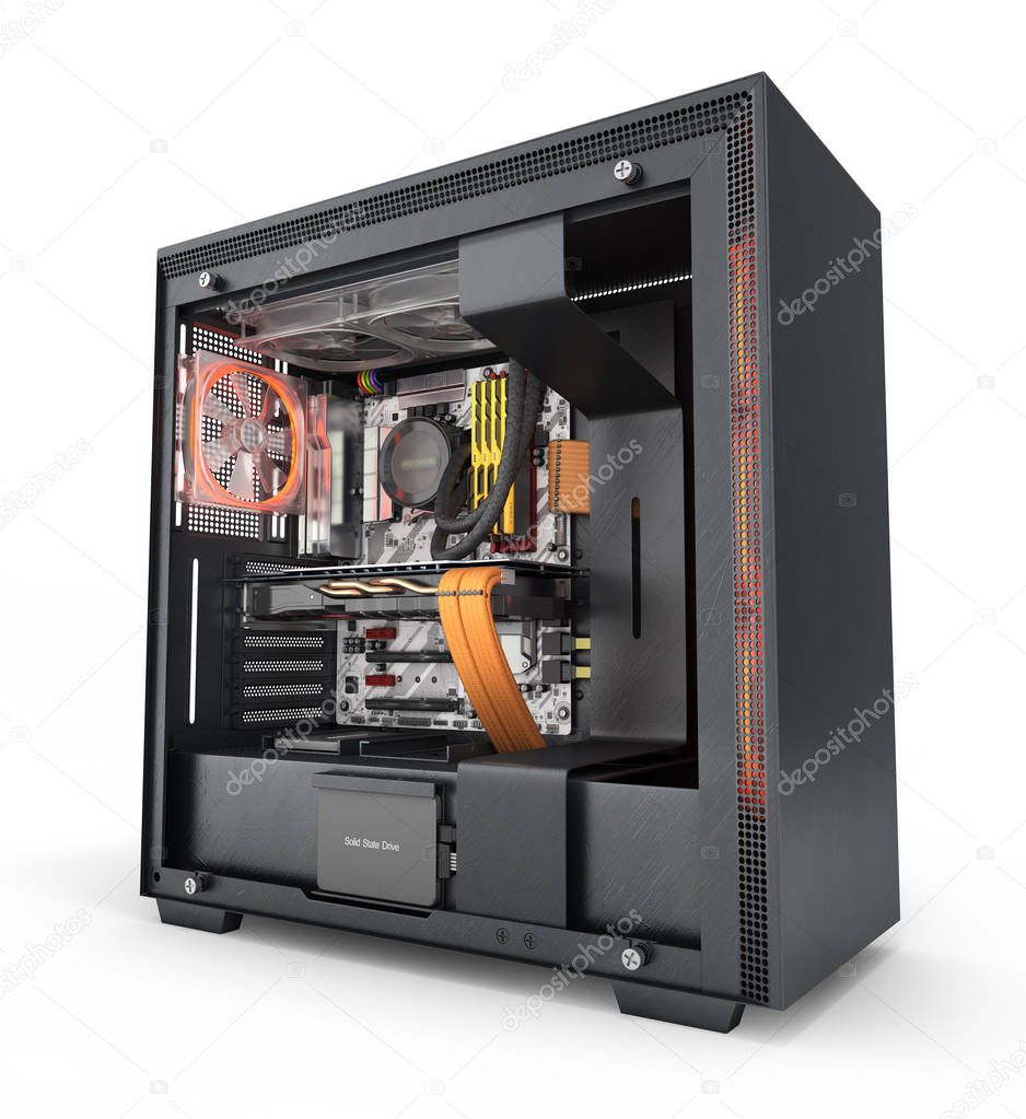 Computadora abierta con efectos de iluminación roja y refrigeración por ...